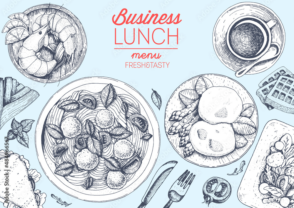 Business lunch top view frame. Food menu design. Vintage hand drawn ...