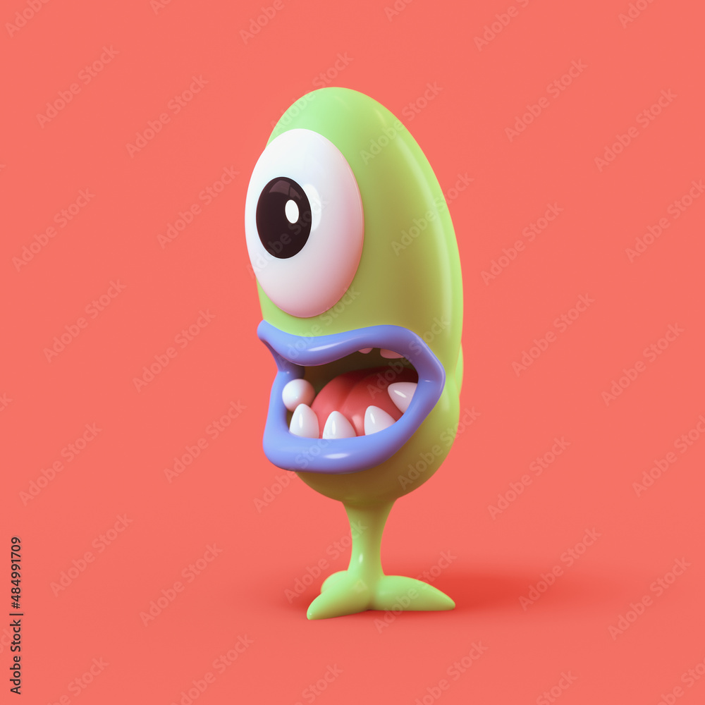 Big-eyed cartoon cute green alien monster with wide open mouth, blue ...