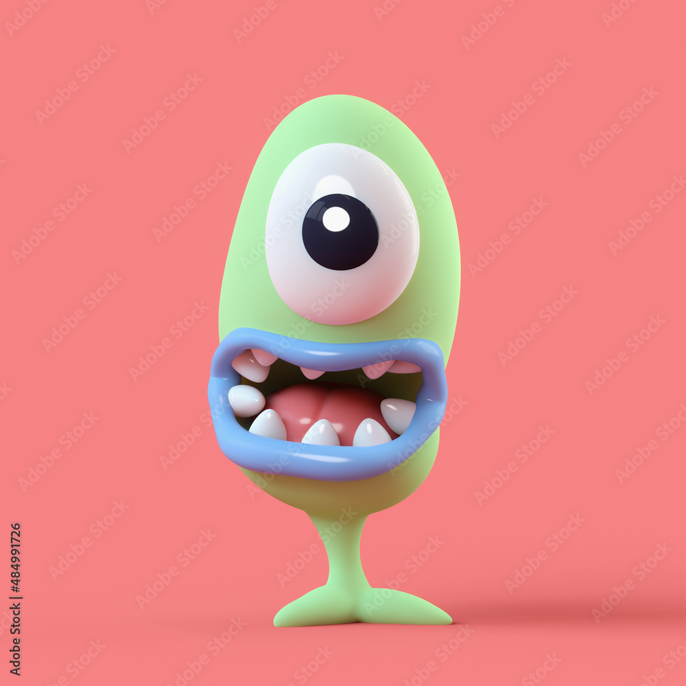 Big-eyed cartoon cute green alien monster with wide open mouth, blue ...