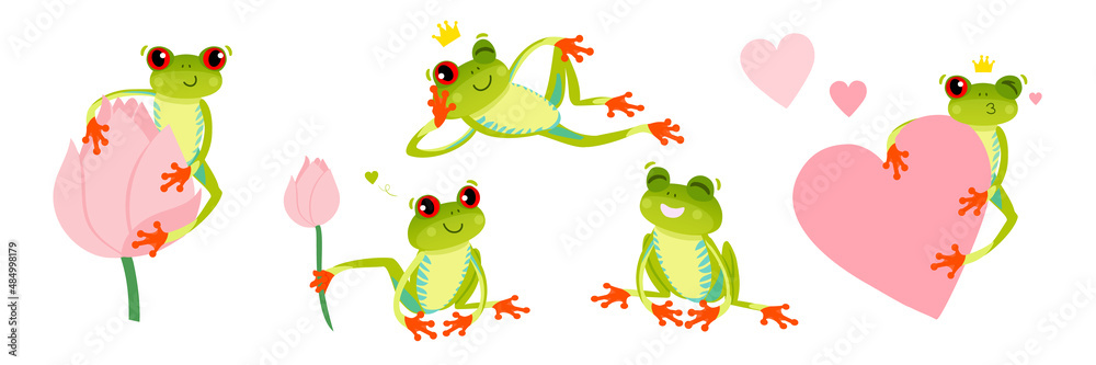 Vector de Stock Set of cute red eyed frogs. Tree frog in different ...