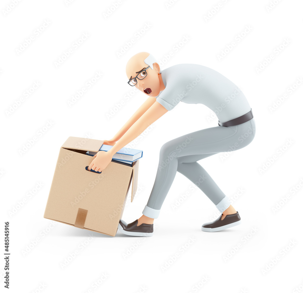 3d senior man lifting heavy box Stock Illustration | Adobe Stock