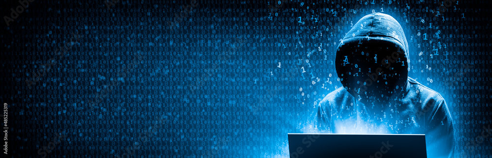Silhouette Of Hooded Criminal Hacking Computer On Binary Code Background - Cyber Crime Concept の ...