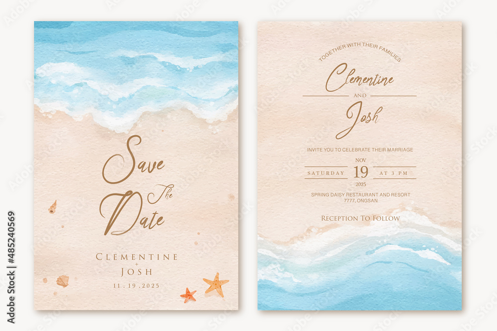 Set of wedding invitation with summer beach hand drawn watercolor ...