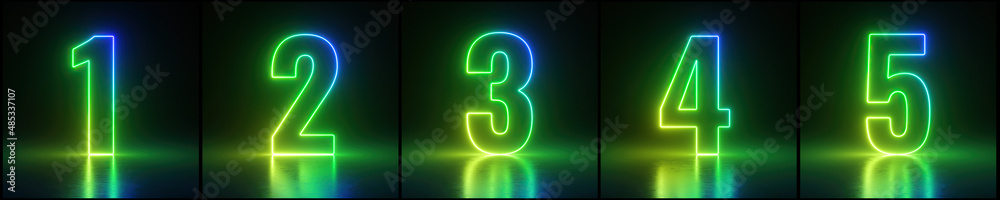 3d render, neon numbers from one to five glowing in the dark with green ...