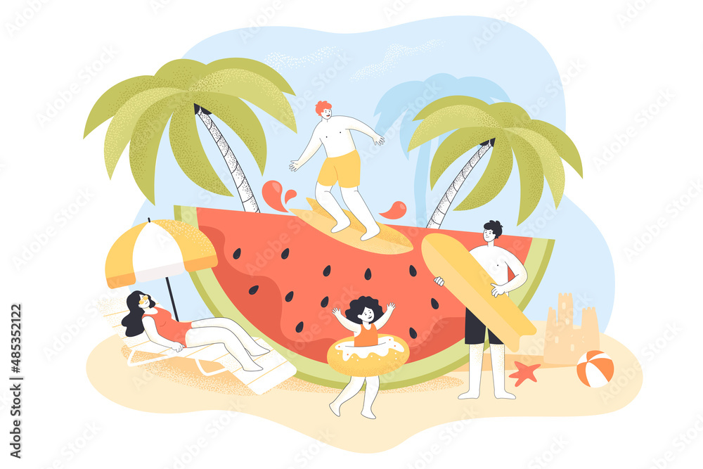 Tiny male cartoon character surfing huge watermelon. Family having fun ...