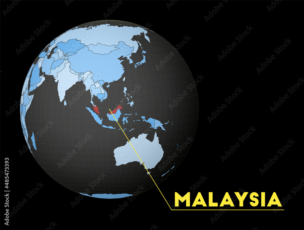 Malaysia highlighted on a dark globe with a blue world map. A satellite ...