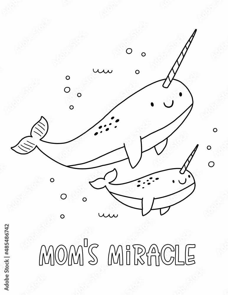 Cute cartoon coloring page with narwhal mom and baby. Mother's Day ...