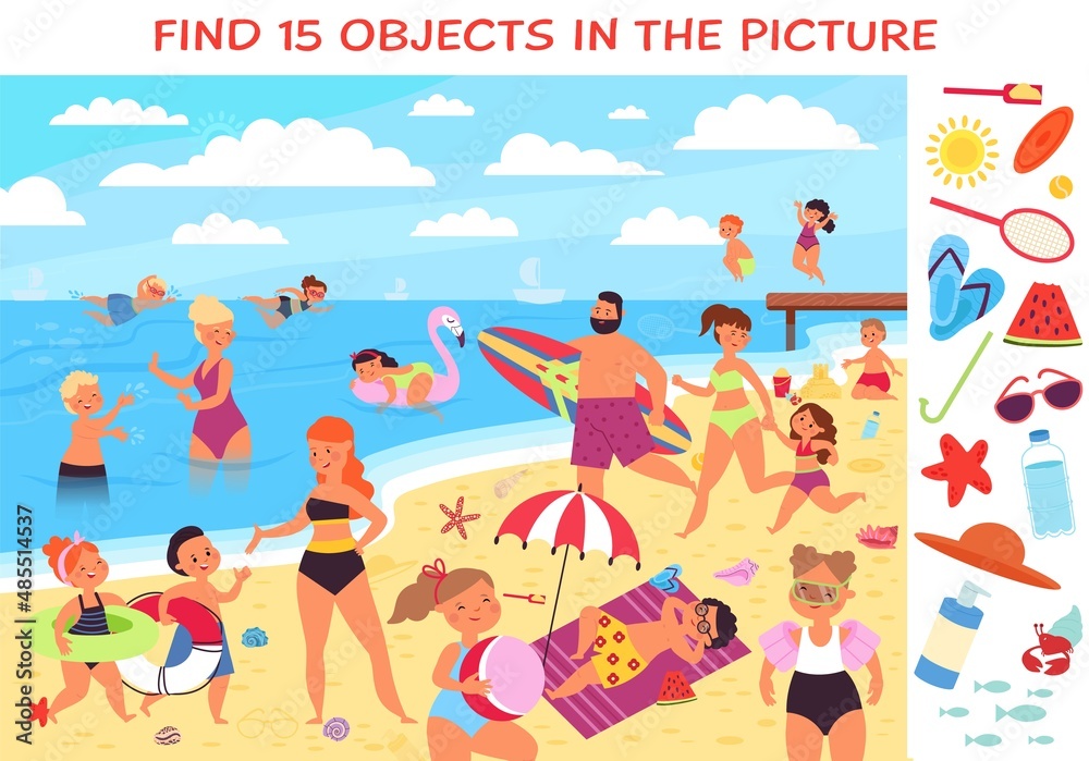 Kids on beach. Children activity on sunny resort. Puzzle location with ...