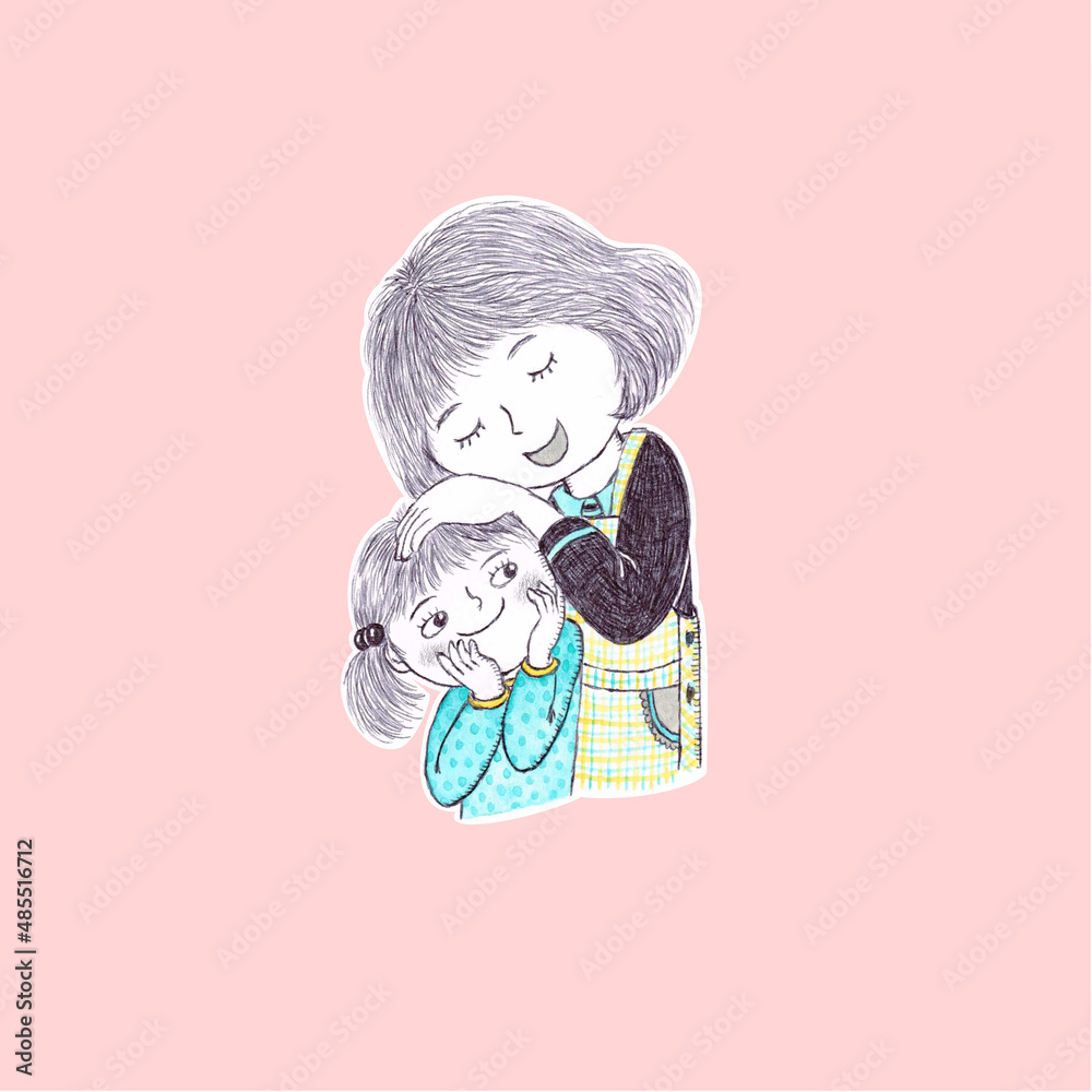 Illustration of Mother hugging her daughter on the pink background, Mum ...