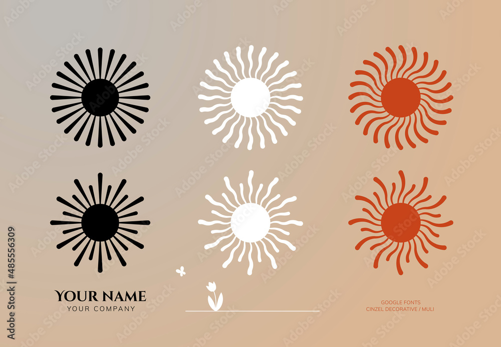 Set of logos. Sun in boho style. Style of the 70s. Mystical symbols ...