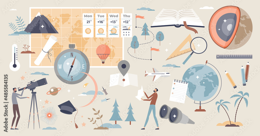 Geography study elements, travel map and geology items tiny person ...