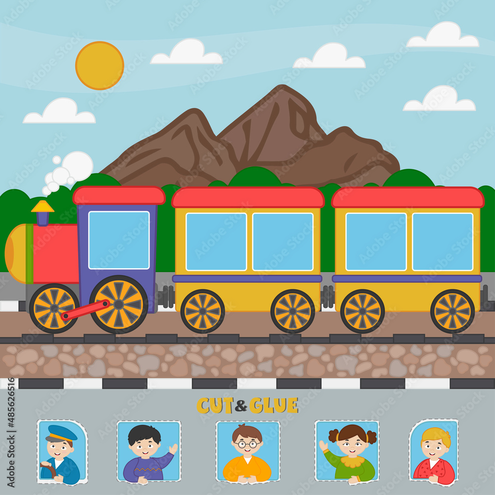 Educational game for kids. Cut and paste. Train with wagons. City ...