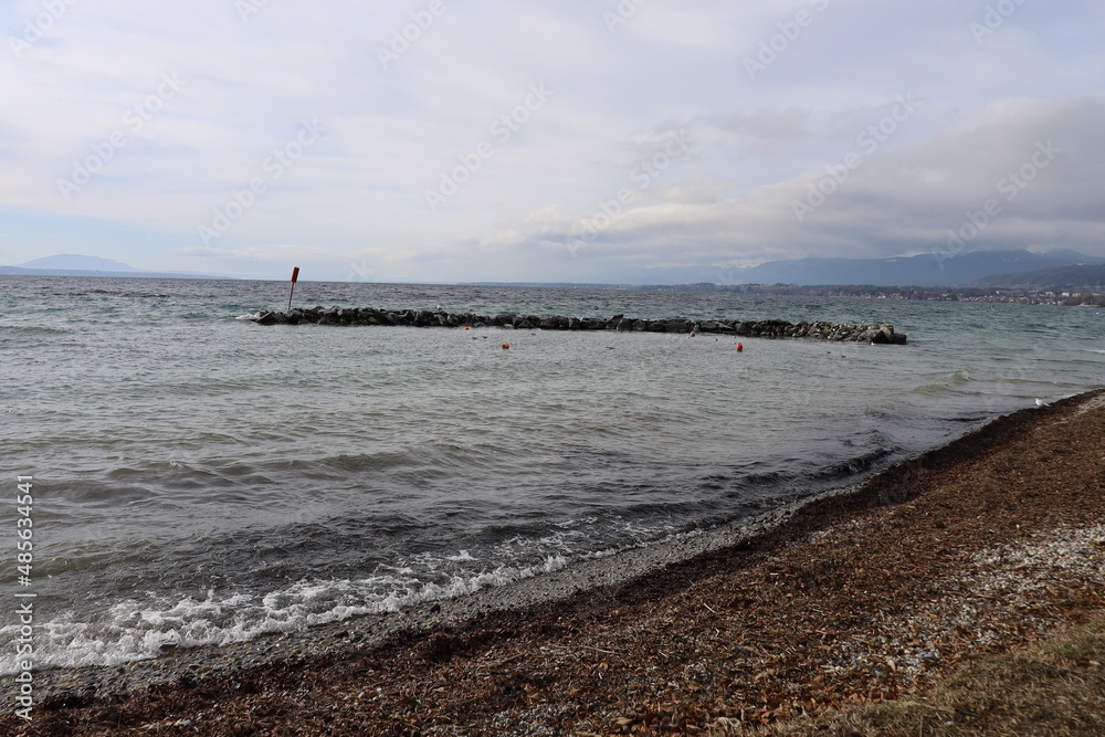 Le lac Léman vu depuis la plage de Allaman, commune de Allaman, canton ...