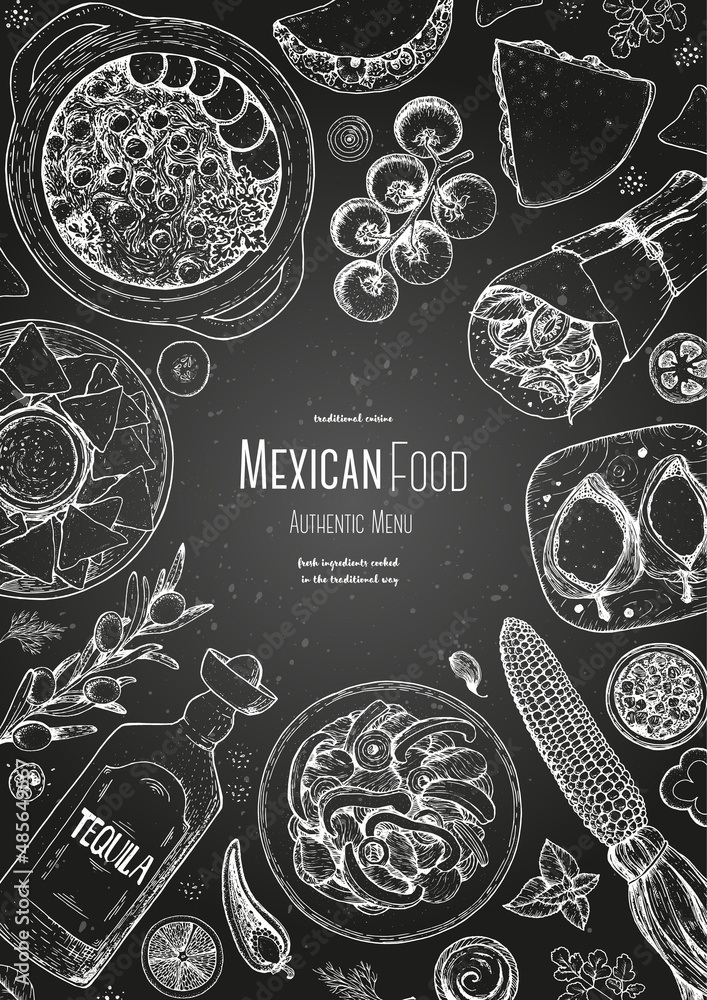 Mexican food top view frame. A set of mexican dishes with pozole ...