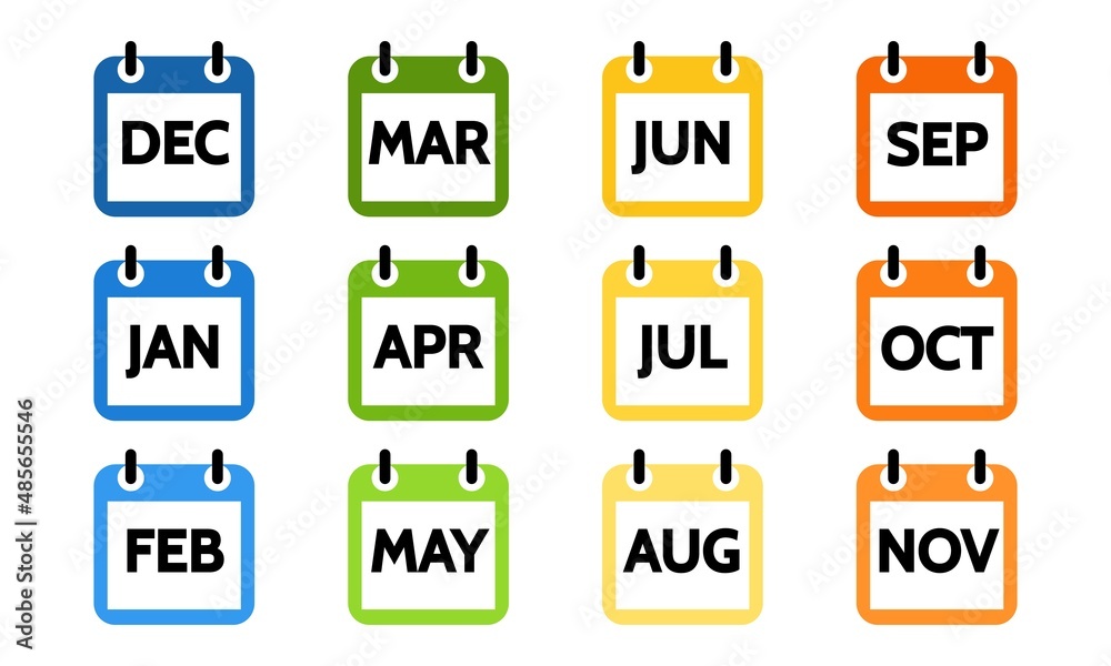 calendar 12 month icon set, color signs for all months of the year ...