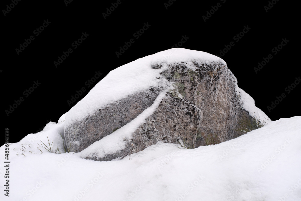 natural stone in snow isolated on black background Stock Photo | Adobe ...