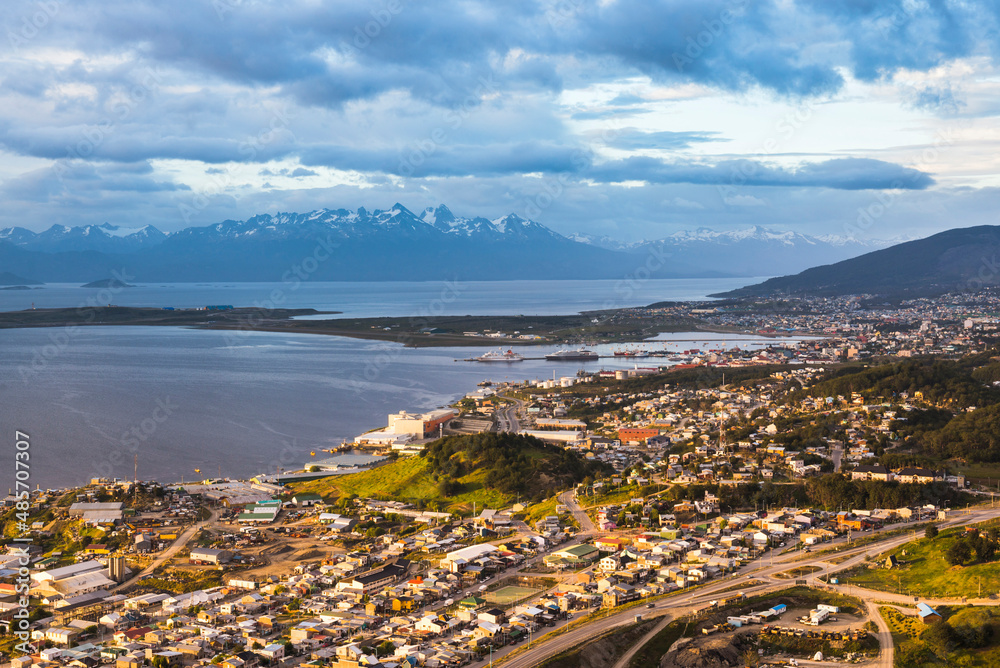 Sunrise view of Andes Mountains and Ushuaia cityscape, the southern ...