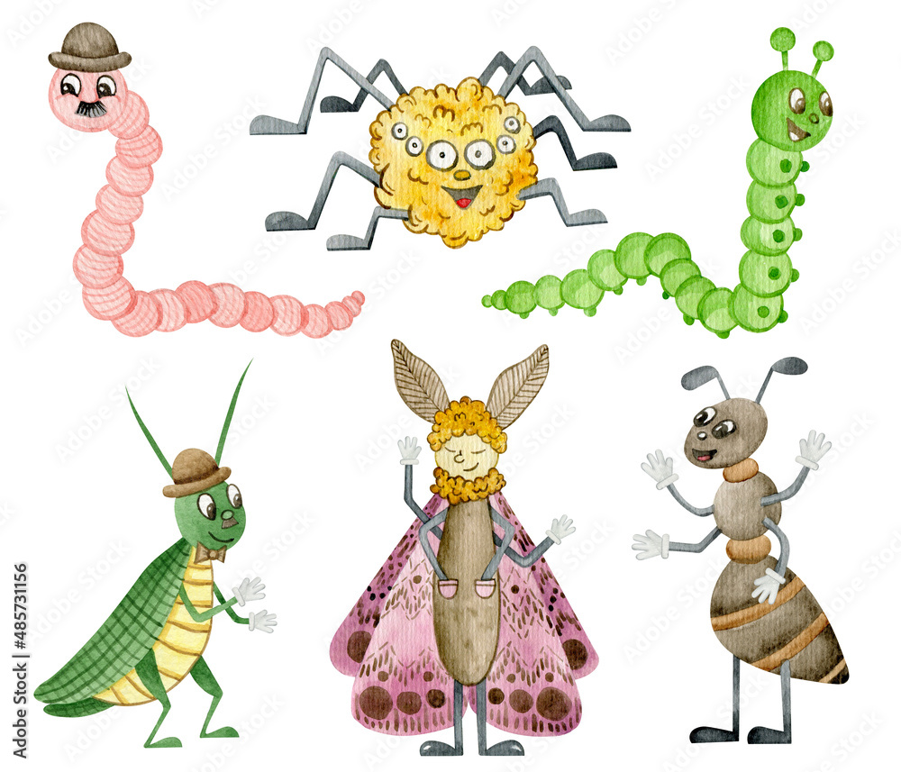 Watercolor cute cartoon beetles clipart set. Hand drawn worm, spider ...