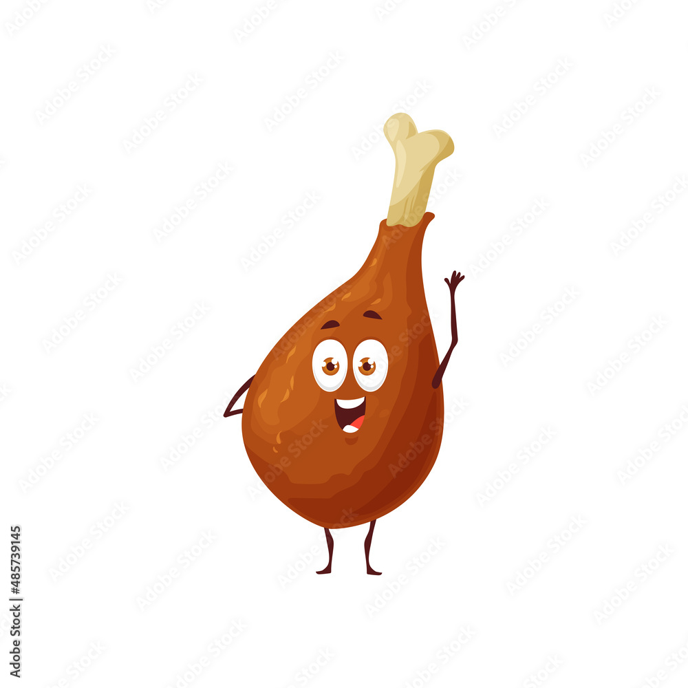 Fried chicken leg happy emoticon waving hand isolated cartoon character ...