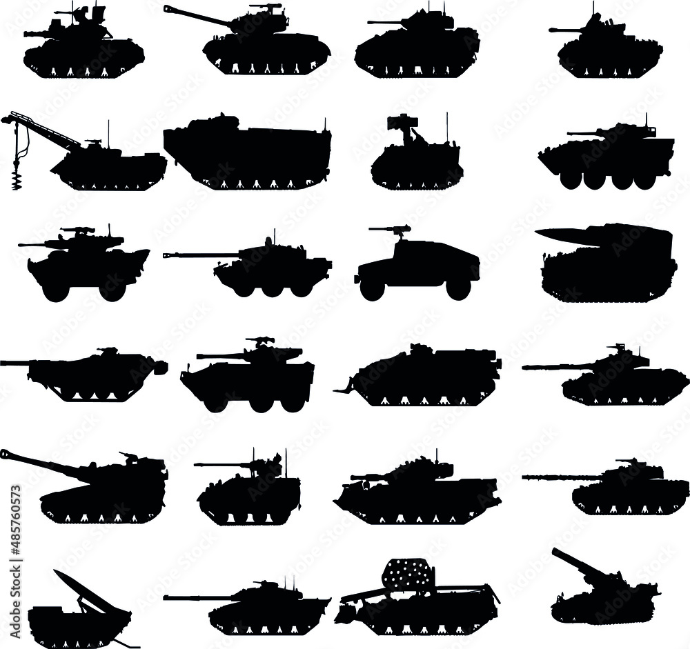 Illustration on white background. Vector silhouettes of tanks. military ...