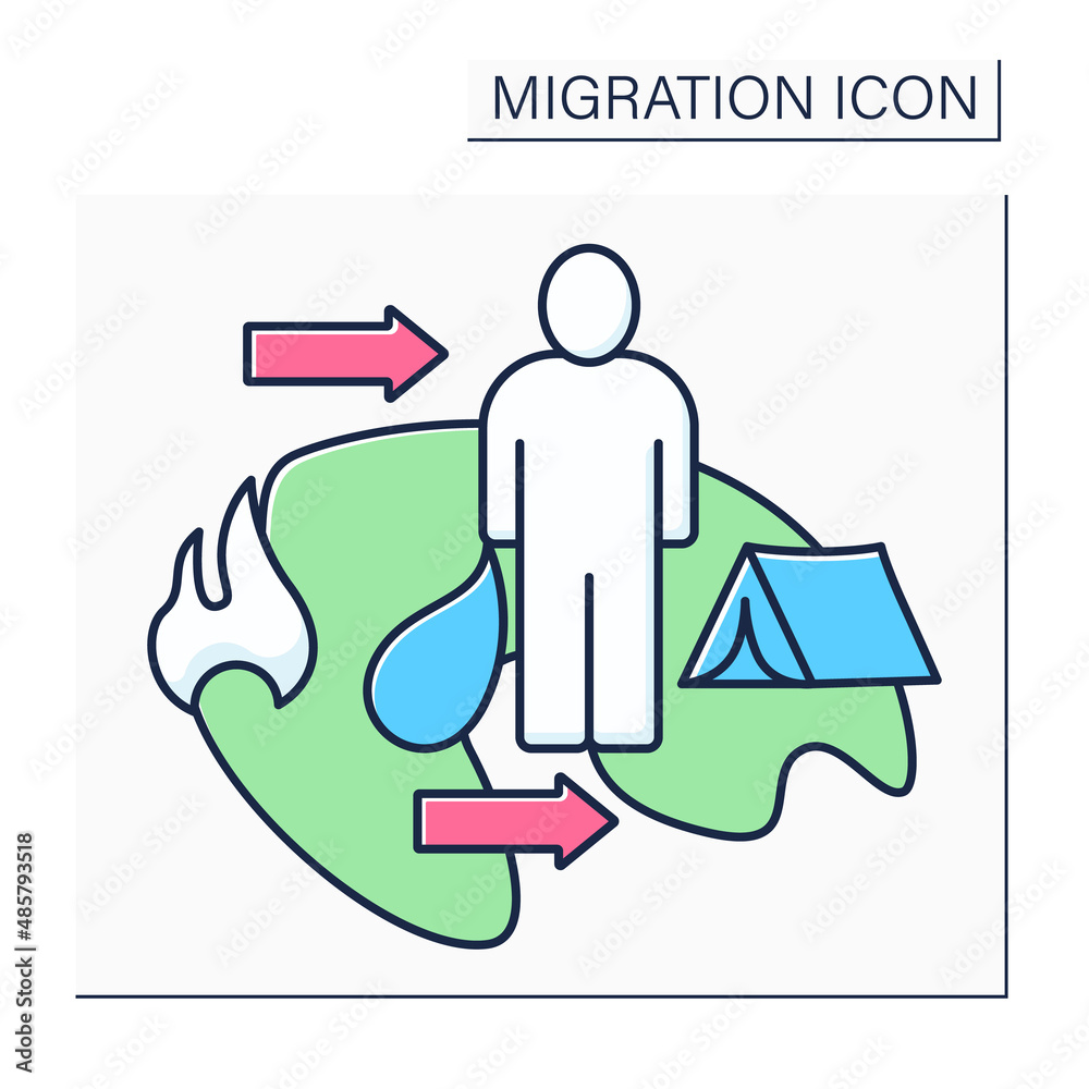 Refugee color icon. Forced country leaving to escape war, persecution ...