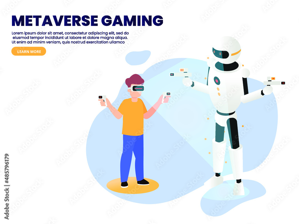 Metaverse vector concept. Young man using a VR goggles while playing ...