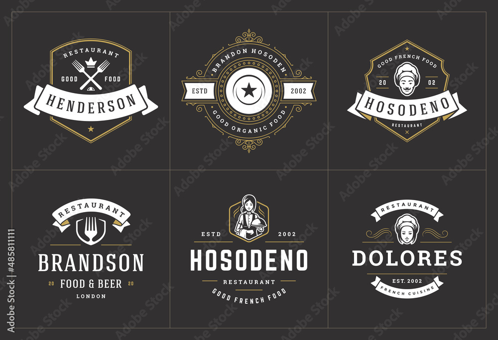 Restaurant logos templates set vector illustration good for menu labels ...