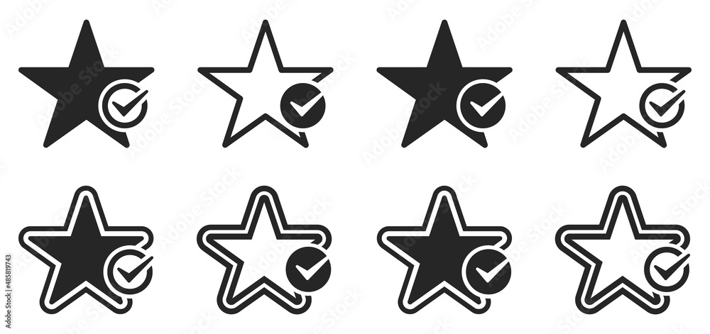 Set of star favorite icons with confirmation checkmark. Star and tick ...