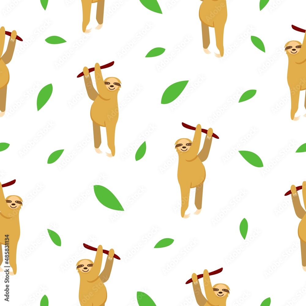 Vector de Stock Seamless pattern of sloths hanging on tree branch and ...
