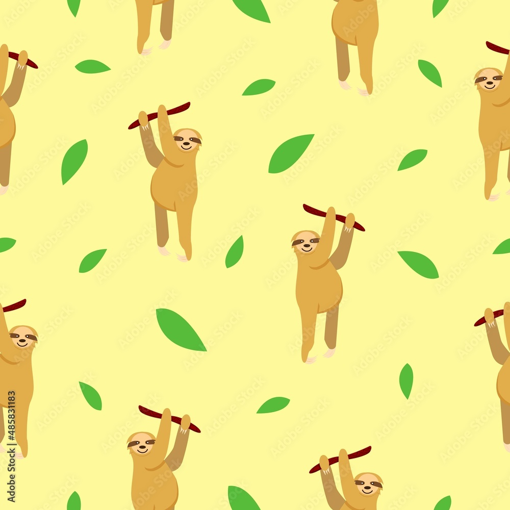 Seamless pattern of sloths hanging on tree branch and green leaves ...