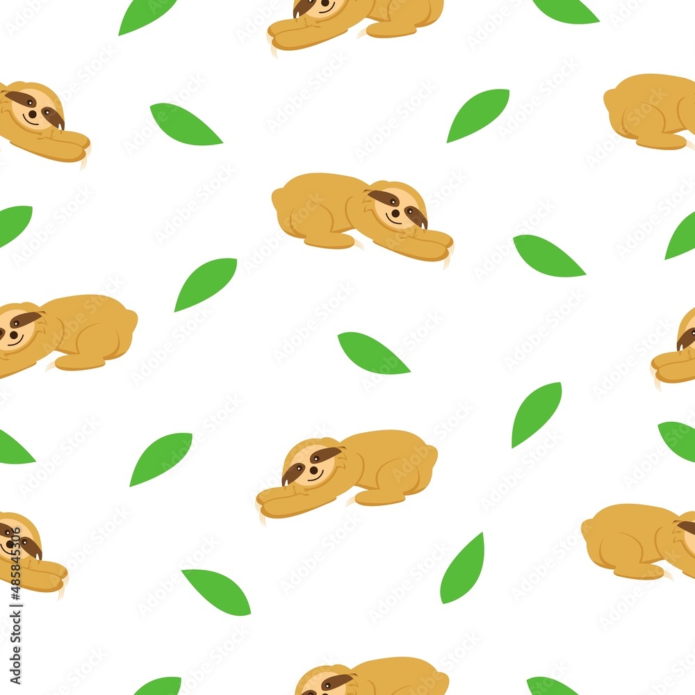 Seamless pattern of sloths lying on the ground and green leaves. White ...