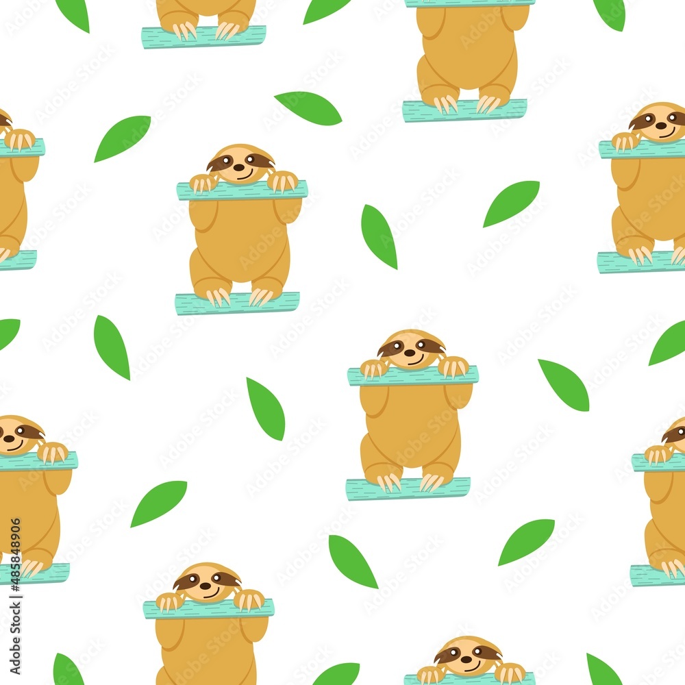 Seamless pattern of sloths sitting on turquoise fence and green leaves ...