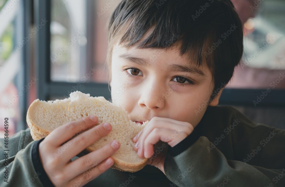 Portrait healthy young boy eating bacon sandwich, School Kid having ...