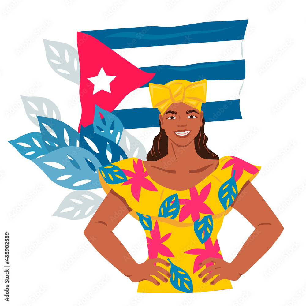 Stock-Vektorgrafik „Cuban young woman in traditional dress at backdrop ...