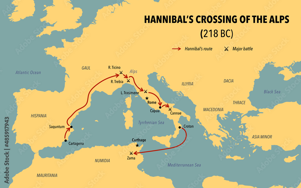 Modern map with the route of Hannibal crossing of the Alps Stock ...