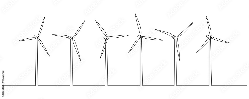 Wind farm turbines and windmill in one continuous line drawing. Green ...