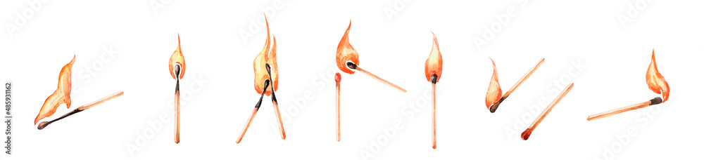 Watercolor burning safety-matches with red, orange, yellow fire ...