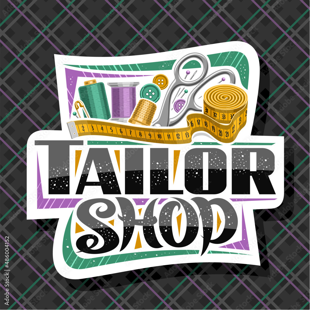 Vector logo for Tailor Shop, decorative cut paper label with set of ...