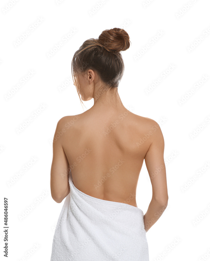 Back view of woman with perfect smooth skin on white background. Beauty ...