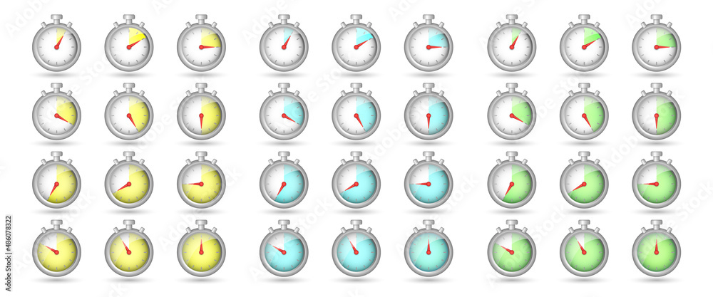 Cartoon realistic stopwatches with red arrow isolated on white ...