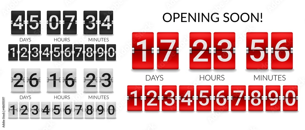 Coming soon time chronometer. Flip countdown clock counter, count down flip board or mechanical ...