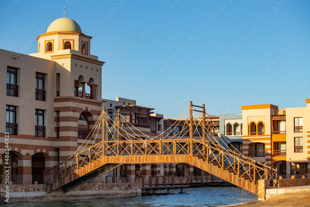 Traditional wooden bridge in Port Ghalib marina, Marsa Alam, Egypt ...