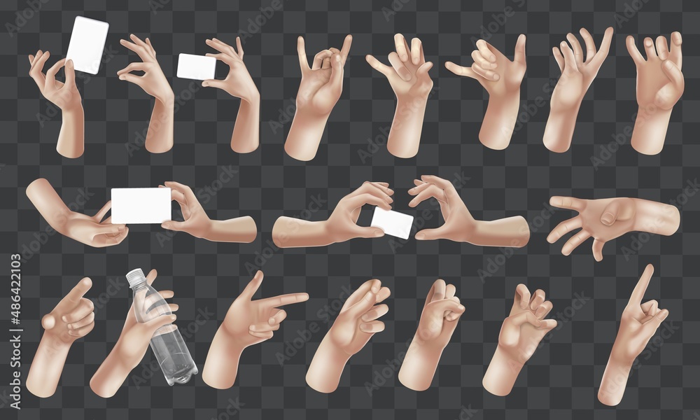 Hands set of realistic 3d design in cartoon style. Hand shows different ...