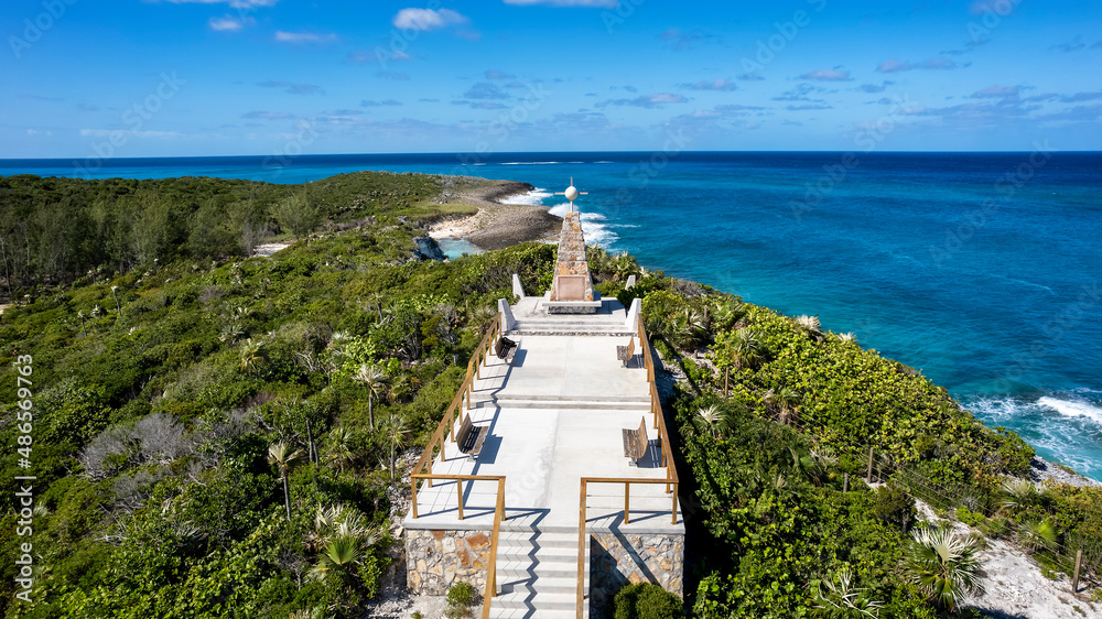 Aerial view of the Christopher Columbus monument at the nort cape of ...