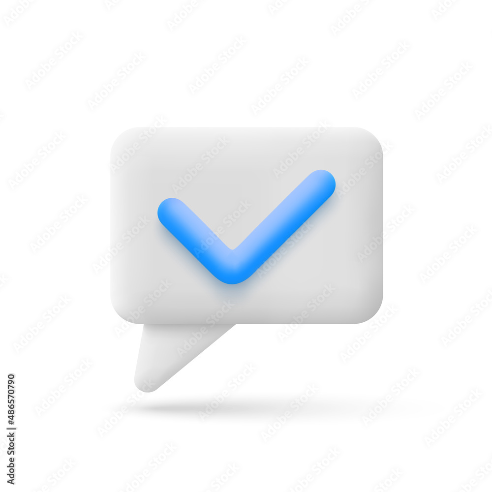 Check mark icon on white chat speech bubble in 3d cartoon minimal style. Agreement symbol ...