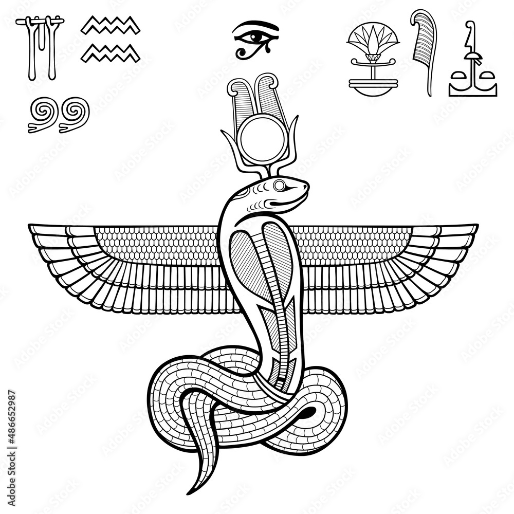 Animation linear drawing: set of Egyptian symbols. Sacred winged ...