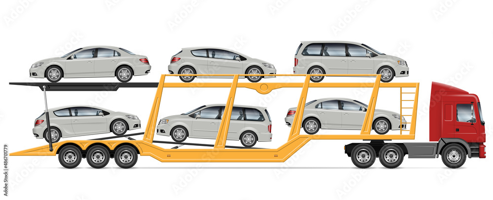 Car carrier truck vector mock-up. Side view of car-carrying trailer on ...