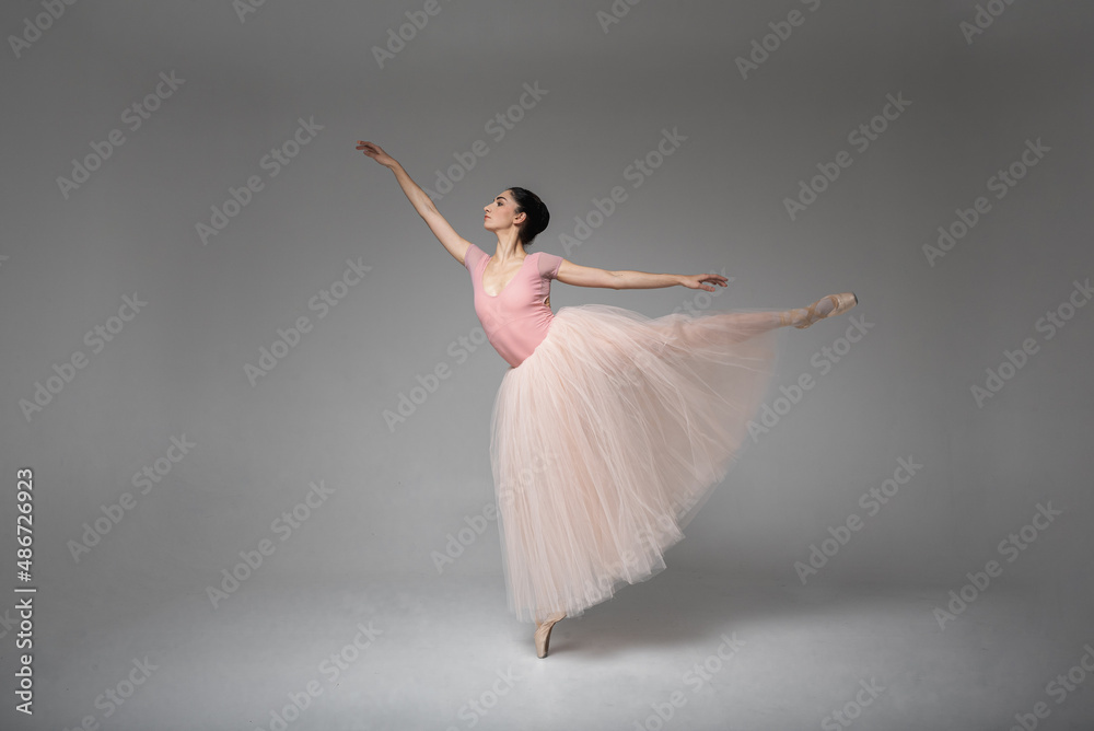 young pretty, fragile, beautiful ballerina dancing in a long pale pink ...