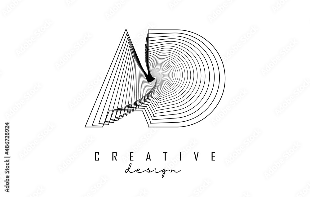 Letter AD logo with lines and spiral effect. Vector illustration with ...