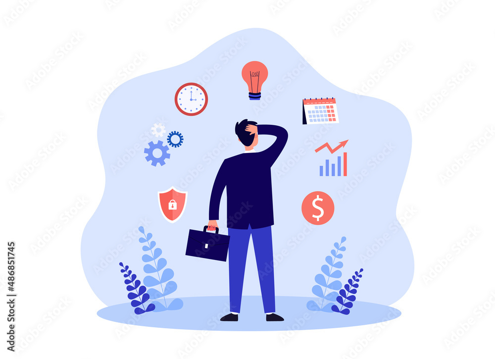 Back view of confused businessman thinking of tasks. Busy office worker ...